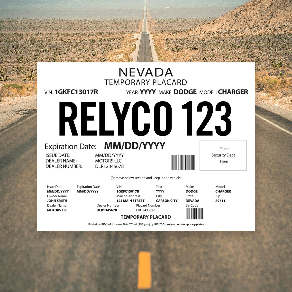 RELYCO is the Provider for Nevada Temporary License Plates