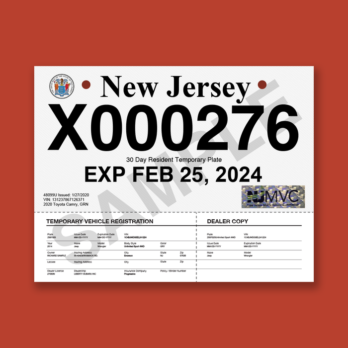New Jersey Temporary License Plate